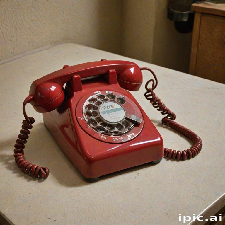 Vintage Red Rotary Phone Sitting on a Simple Wooden Table Surface