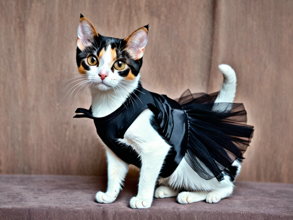Rococo style Short haired Calico cat in a black tutu