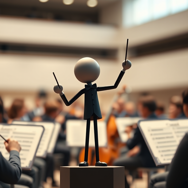 Generate a 3D render of a stick figure conductor with a bow tie ...