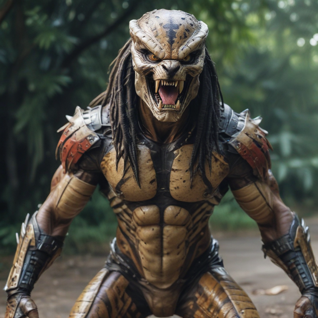 high tech, predator, roar pose, no mask
