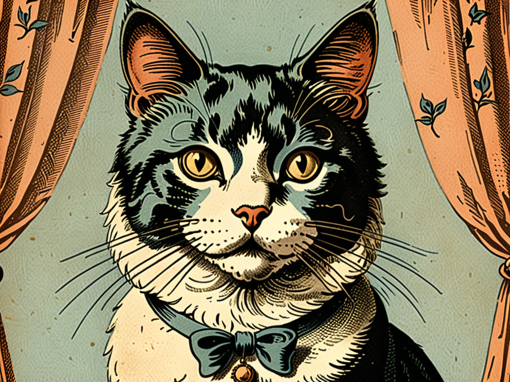 A Classy Cat Portrait with a Bow Tie and Elegant Curtains