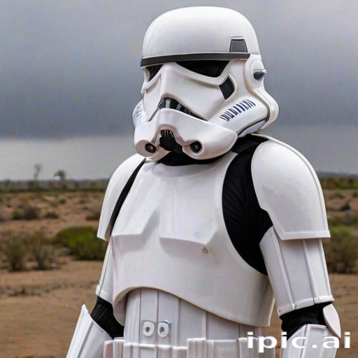 Stormtrooper Standing Alone in a Desert Landscape Under Cloudy Skies