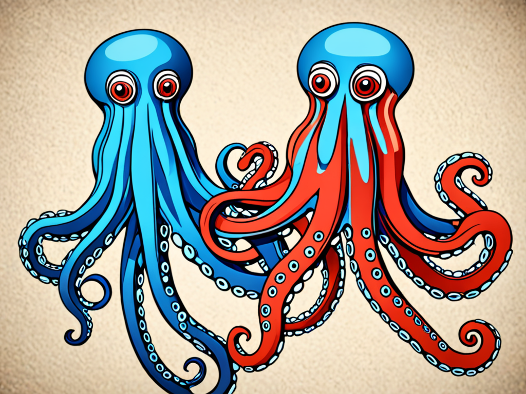 two cartoon octupus, one red and another blue