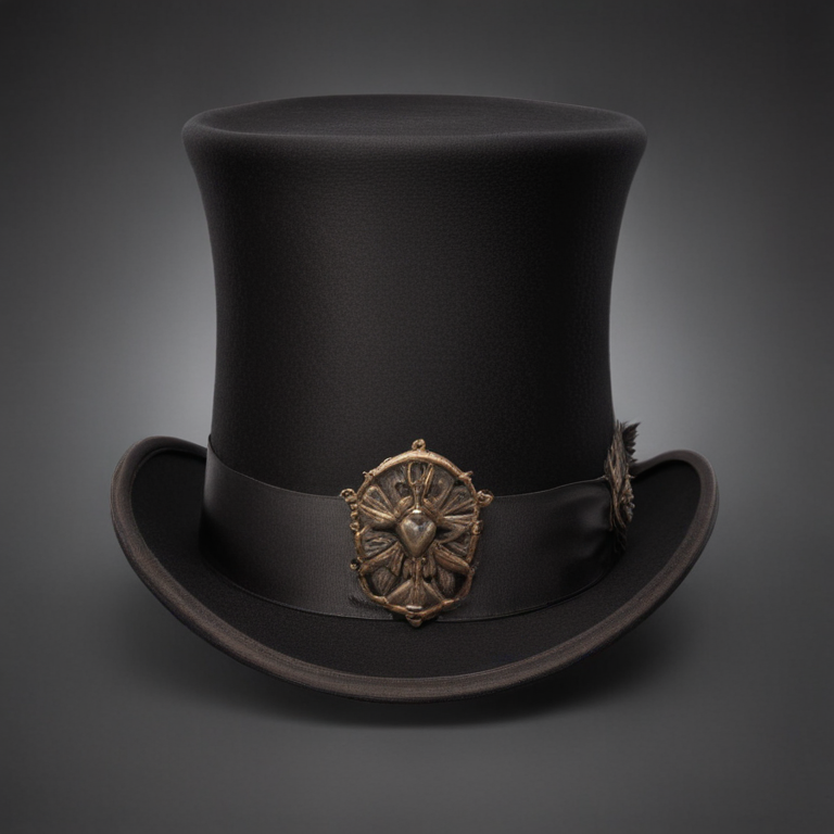 A Classic Black Top Hat with an Intricate Bronze Emblem and Feather.