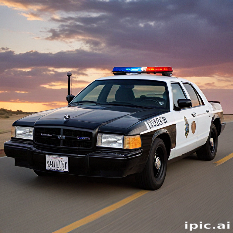 Classic Police Car Driving on a Deserted Road at Sunset