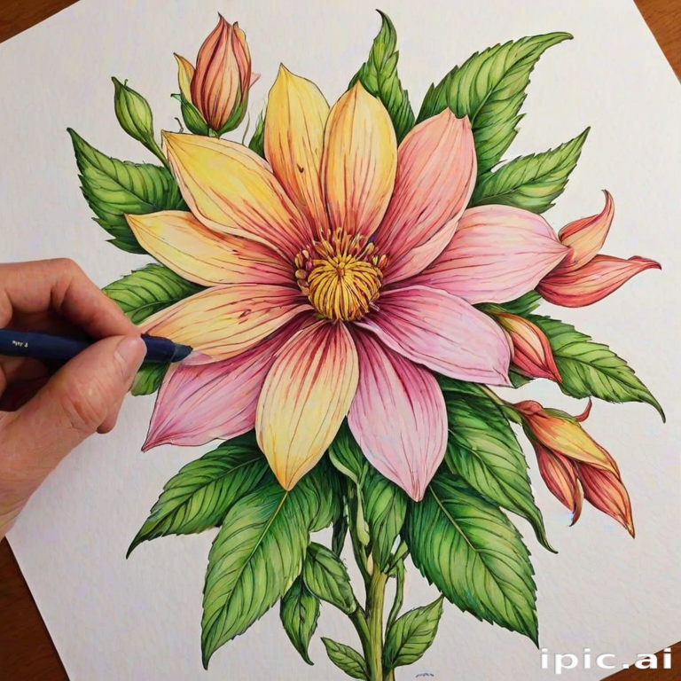 Vibrant Hand-Drawn Flower Illustration with Lush Green Leaves and Buds