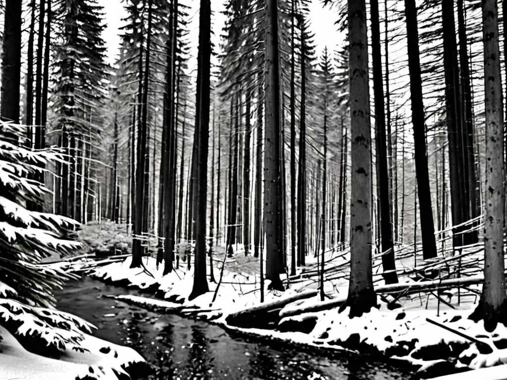 black and white photo of a forest of hemlocks, douglas firs, western ...