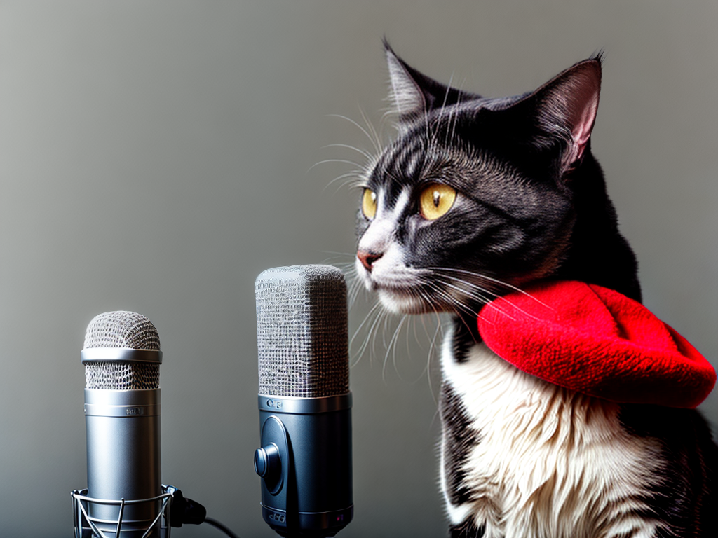 cat with a red hat singing into a microphone in a recording studio