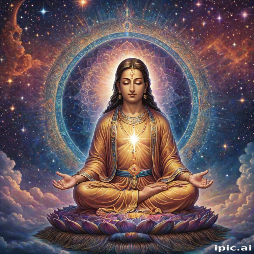 Serene Spiritual Being Meditating Amidst Cosmic Energy and Vibrant Colors