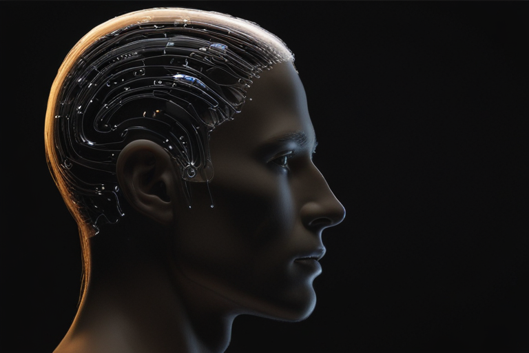 left profile of a futuristic human head made from optical fibre with ...