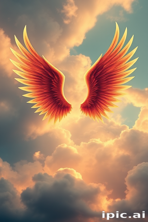 Majestic Fiery Wings Soaring Above a Dreamy Cloudy Sky at Dusk