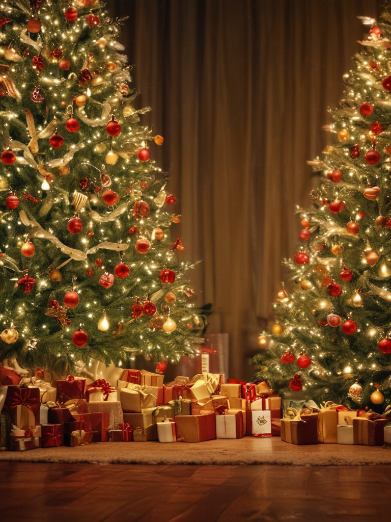 Cozy Holiday Scene with Two Beautifully Decorated Christmas Trees and Gifts