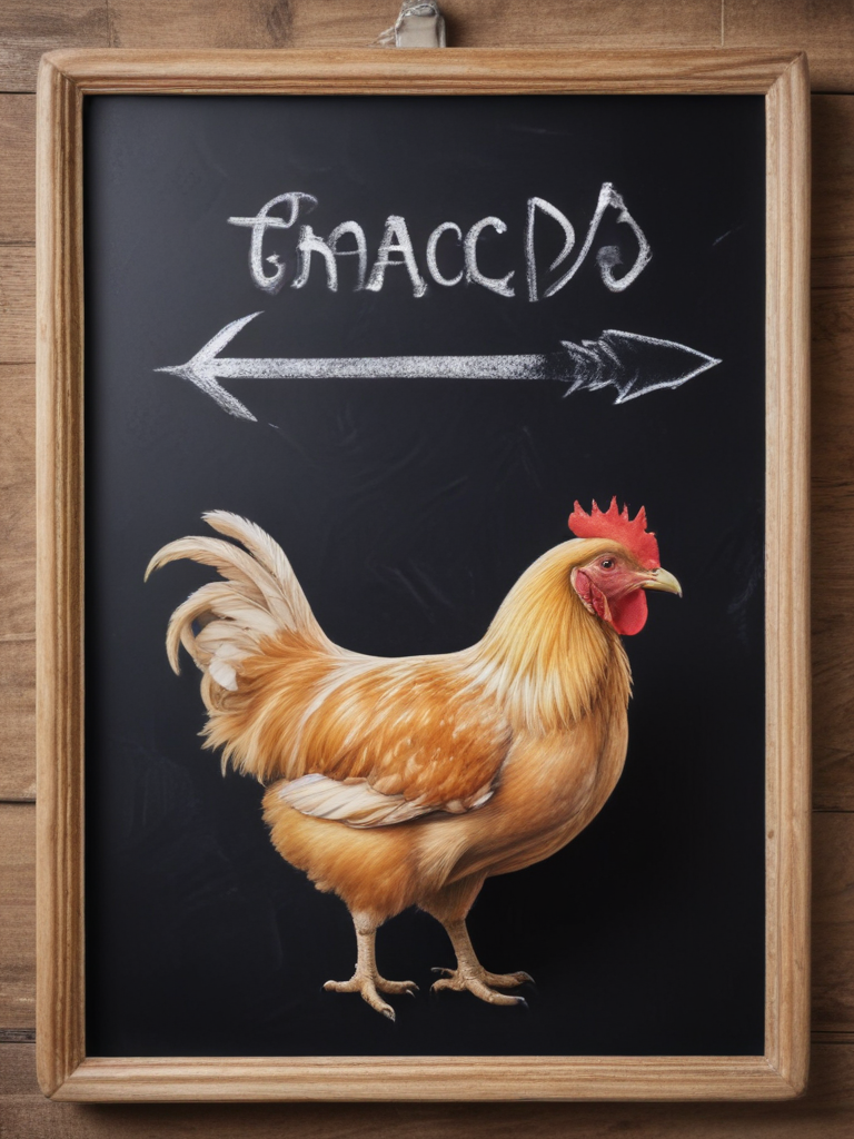 A chalk board with an illustration of a chicken and a arrow pointing ...