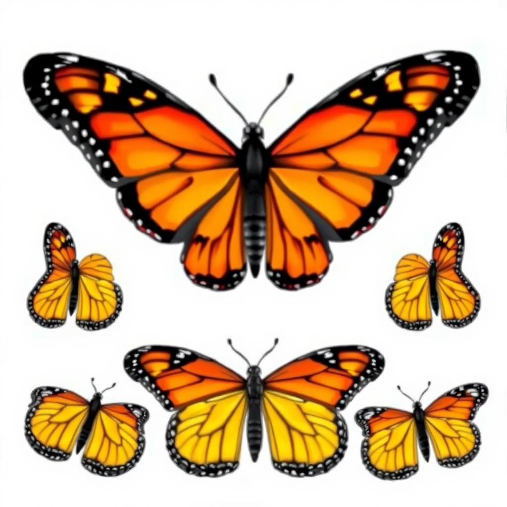 Colorful Collection of Monarch Butterflies in Various Sizes and Poses