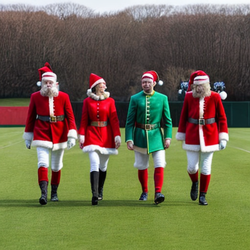 santa with elves and reindeer exercising together in the north pole