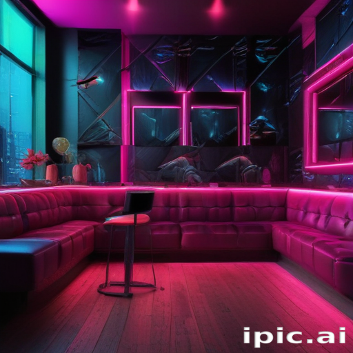 Stylish Modern Lounge Featuring Vibrant Neon Lights and Plush Seating