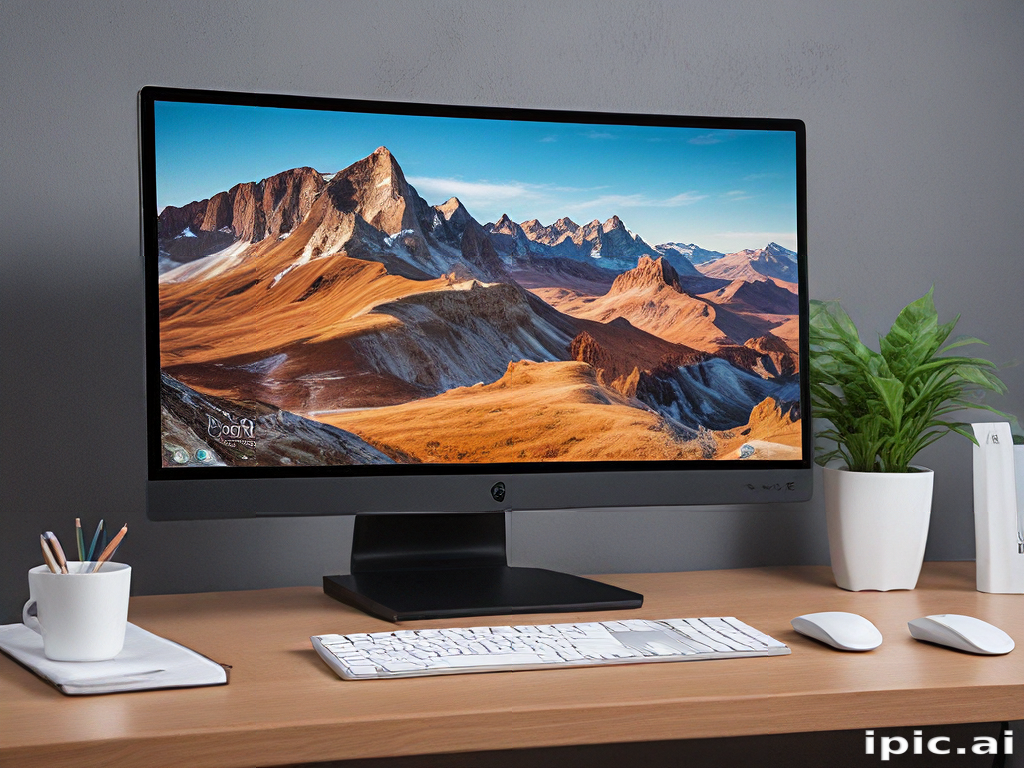 Modern Workspace Featuring a Sleek Monitor Displaying Stunning Mountain ...