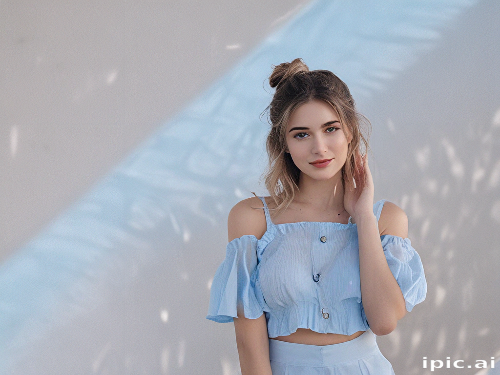 Young Woman in Light Blue Outfit Posing Against Soft Shadowed Background