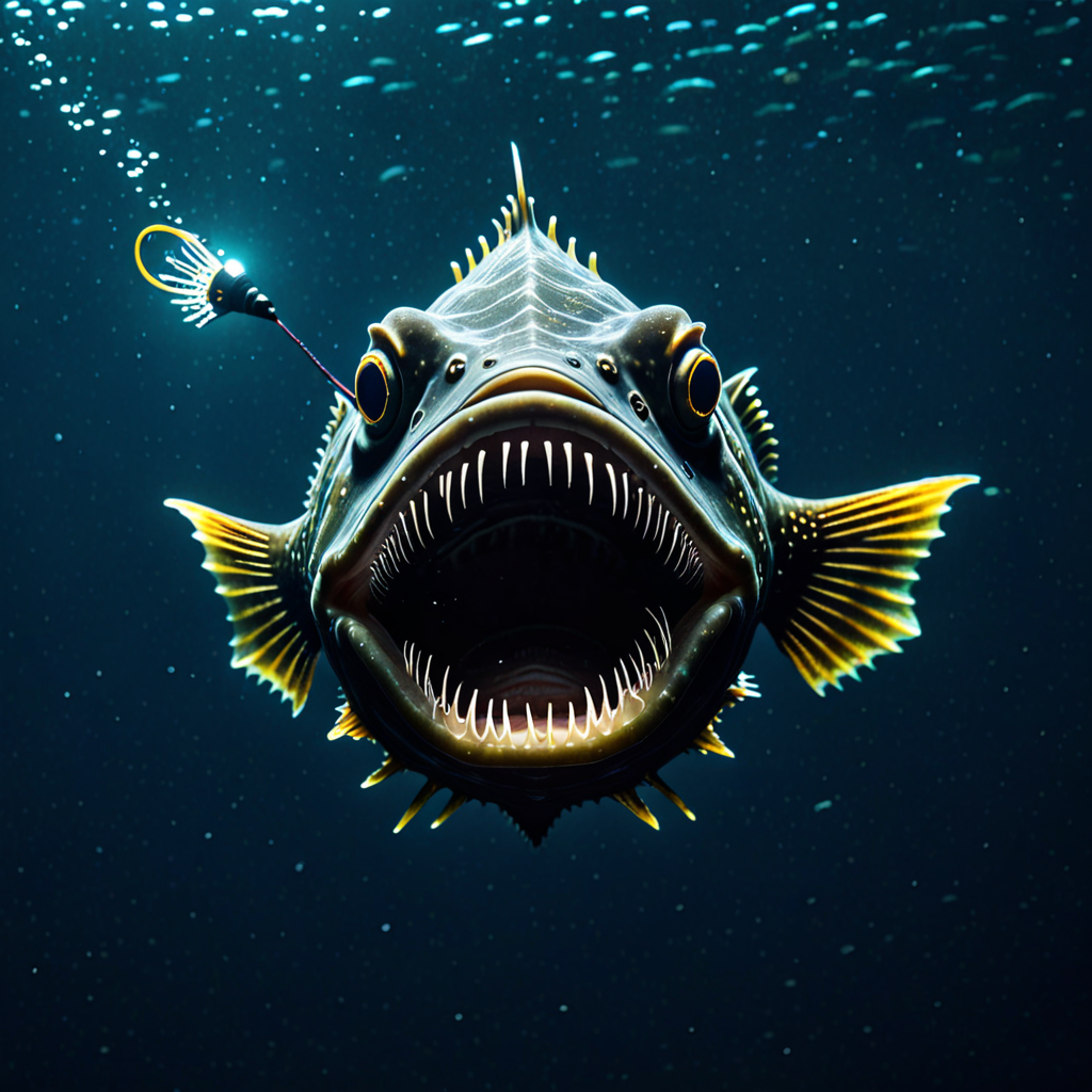 angler fish swimming towards viewer out of the dark depths of the sea ...