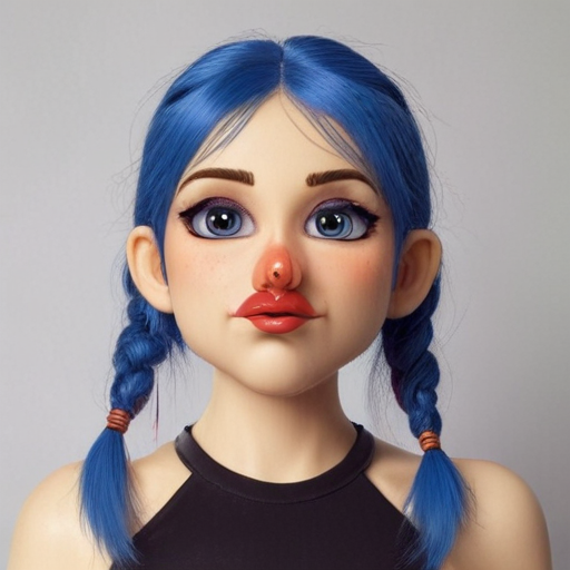 muppet with yellow skin, blue hair and red lips