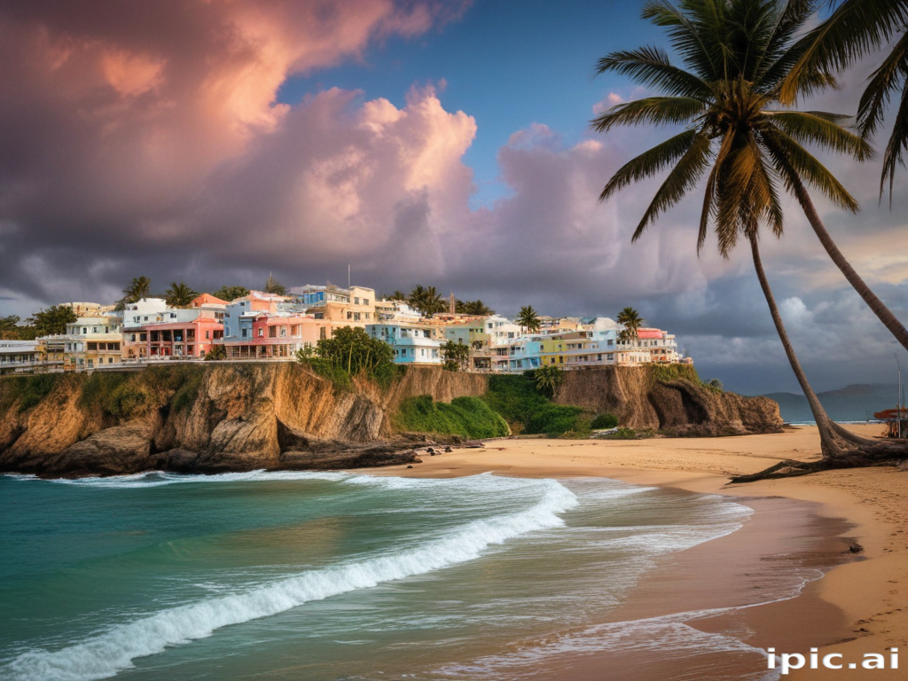 Colorful Coastal Village Overlooking Serene Beach and Gentle Ocean Waves