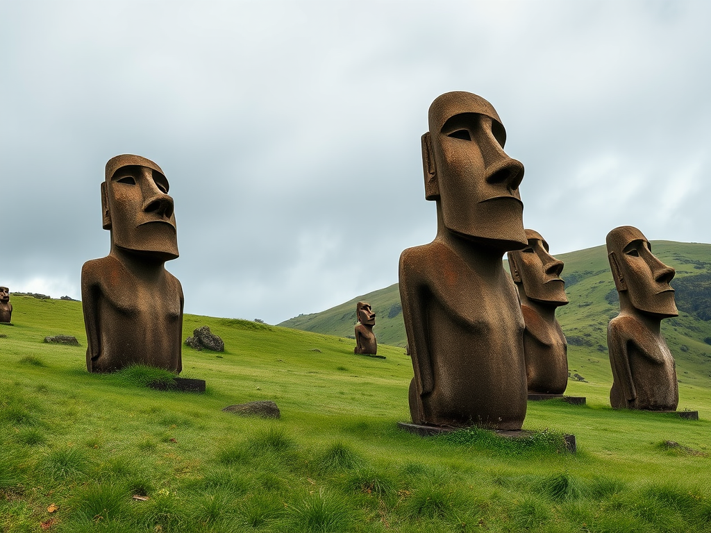 Regenerate an image of four Easter Island Moai statues on a green ...