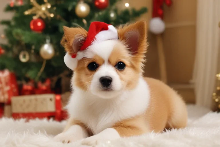 Adorable Puppy Wearing Santa Hat Surrounded by Christmas Decorations ...