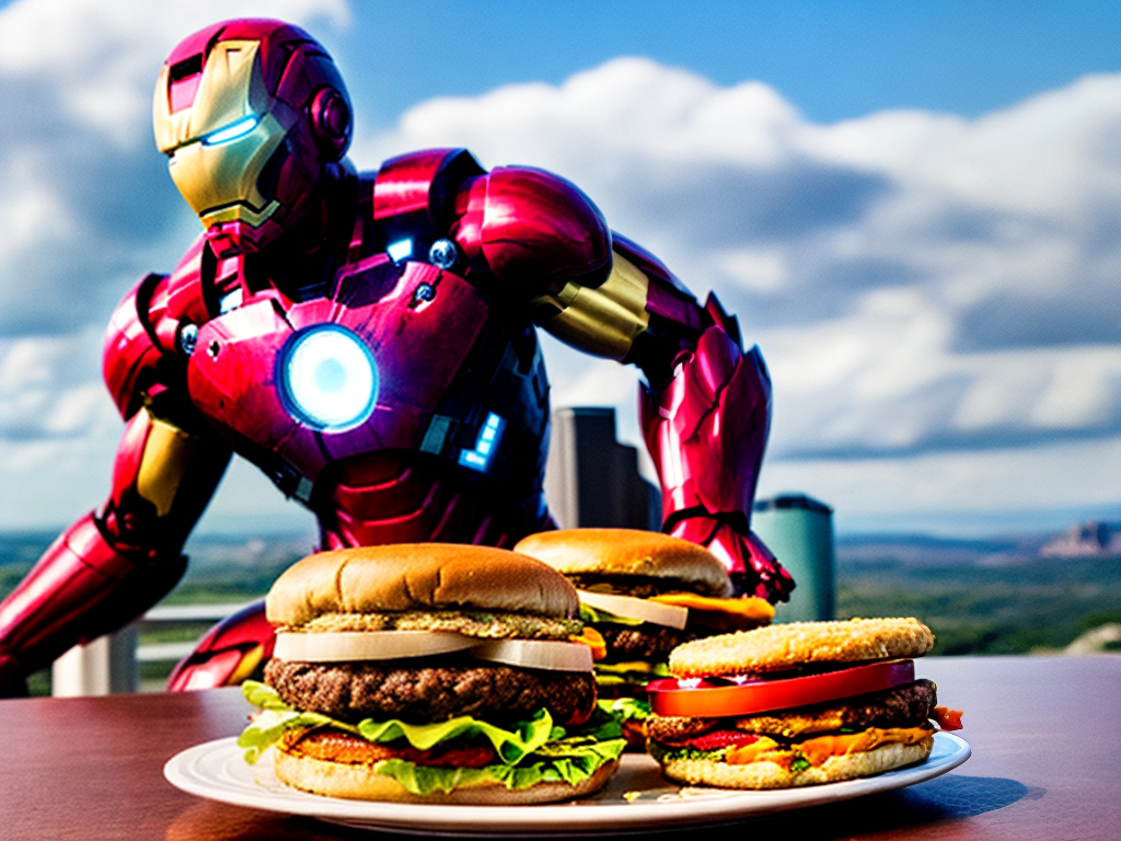 iron man eating cheese burgers in reasurant