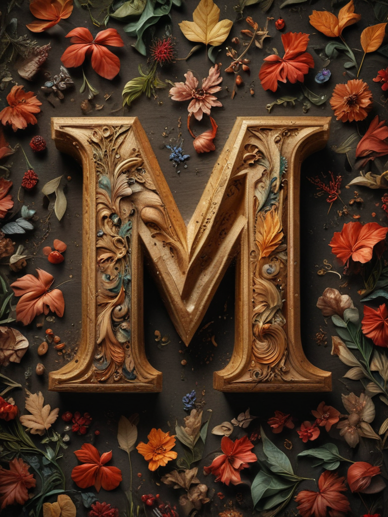 Intricate Floral Design Surrounding a Beautifully Carved Letter M