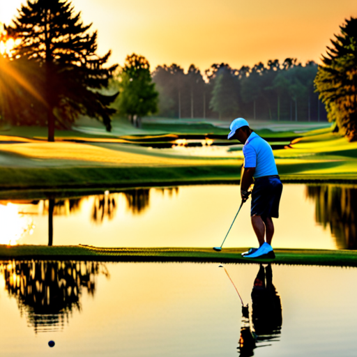 a golfer swimming in the setting sun