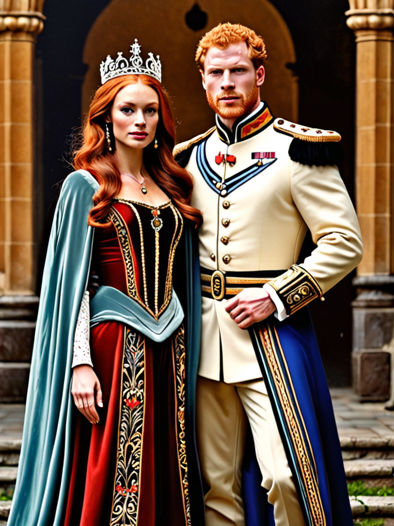 Caucasian royal man and ginger darkskinned princess