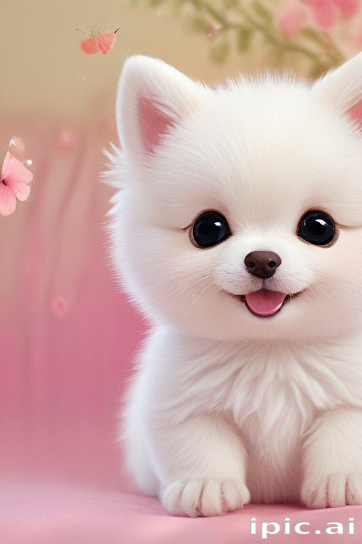 A Cute and Fluffy White Puppy Surrounded by Delicate Pink Flowers