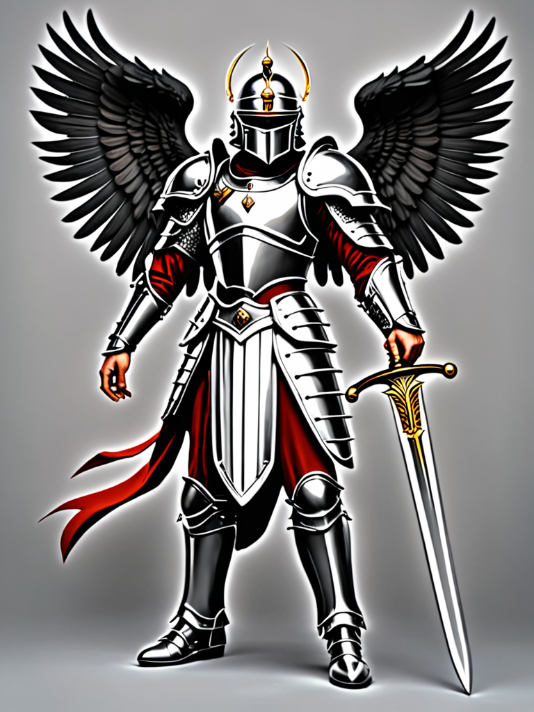 A powerful heavenly angel with helmet, full body armor and a divine ...