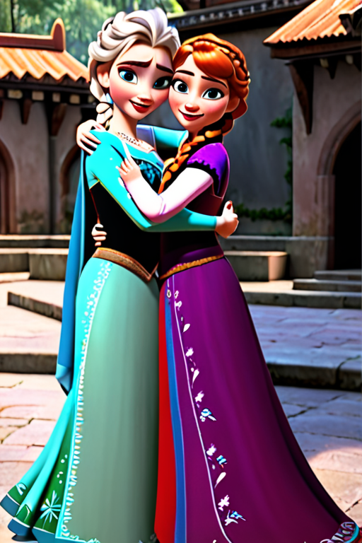 Elsa and Anna hug Queen iduna mother in saree 3D Disney