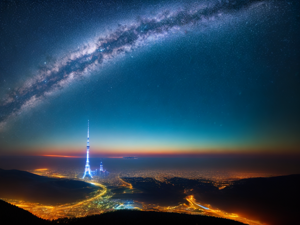 Colorful sky with falling stars wide view with some towers