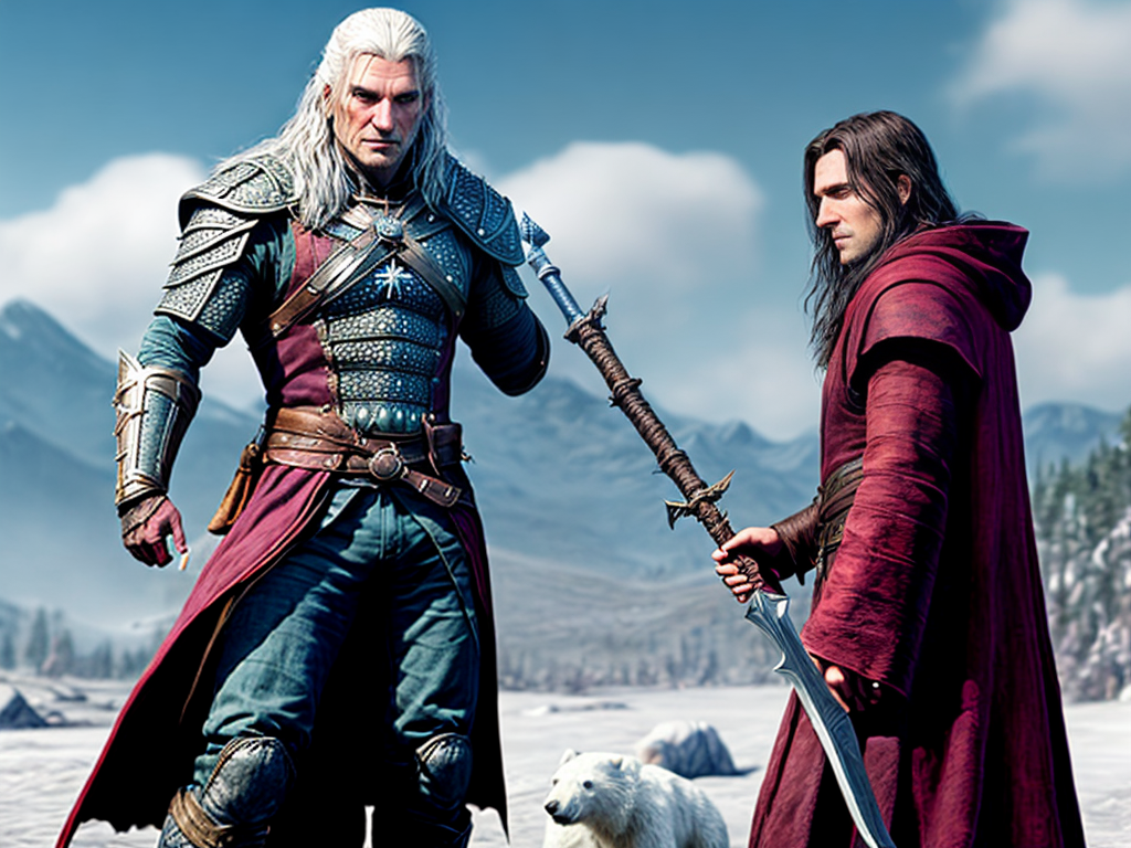 create a male wizard character, long white hair, with a staff in his ...