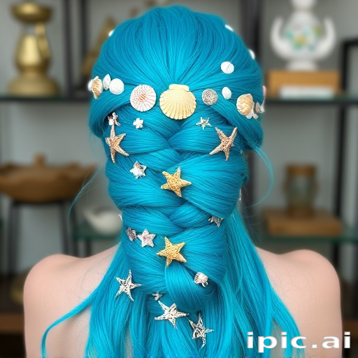 Vibrant Blue Hair Braid Adorned with Shells and Starfish Accents