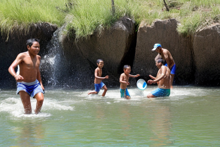 indigenous family taking a bath