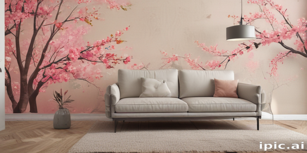 Cozy Living Room with Cherry Blossom Mural and Elegant Sofa Design