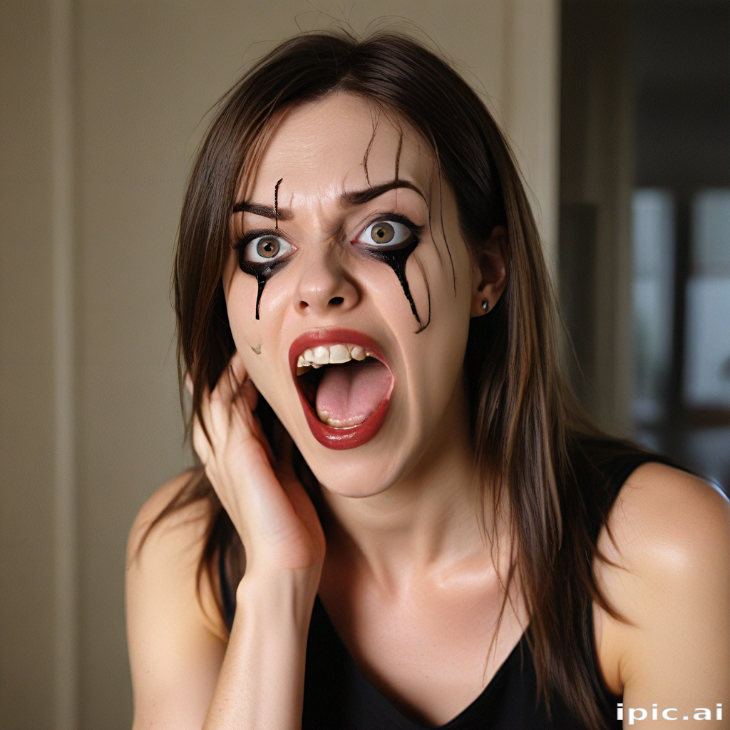 Expressive Woman with Dramatic Makeup Displaying Shock and Fearful Emotion