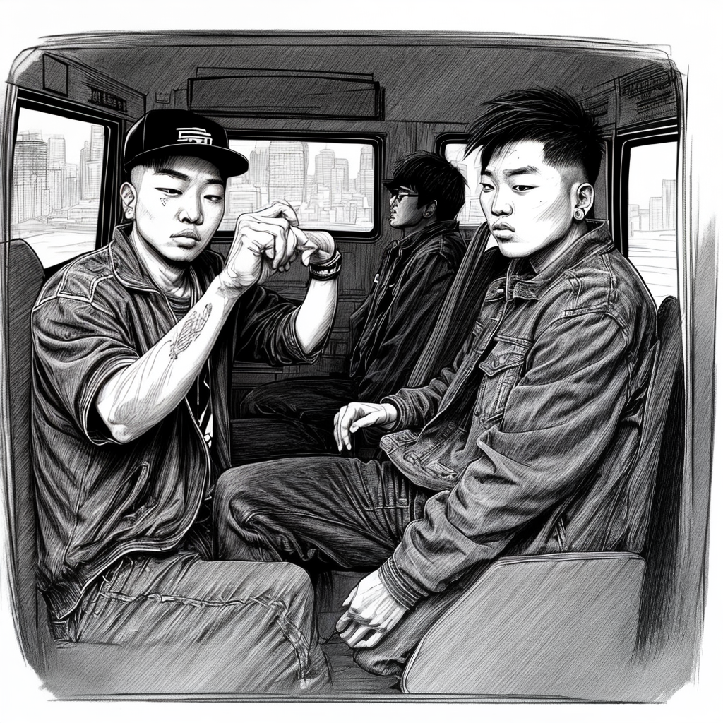 ASIAN HIP HOP RAPPER INSIDE THE BUS. COMIC BOOK. SKETCH STYLE. BLACK ...