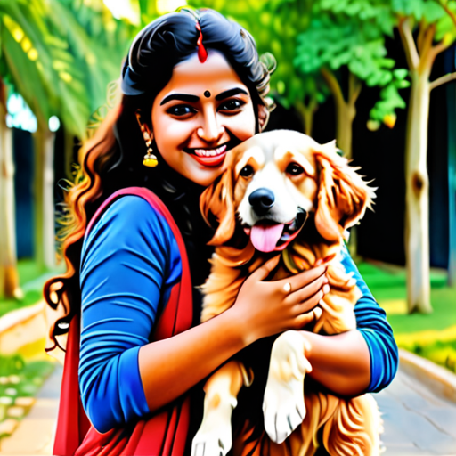 a happy bubbly Punjabi sikh girl with medium curly hairs hug her dog ...