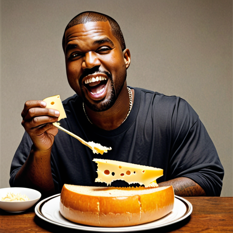 a dinosaur eating a giant piece of cheese with kanye west