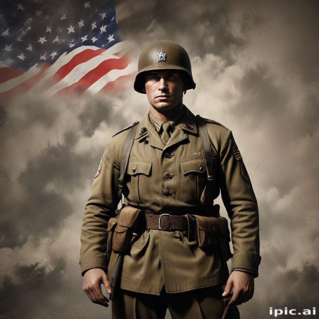 American Soldier in World War II Uniform Against a Patriotic Background