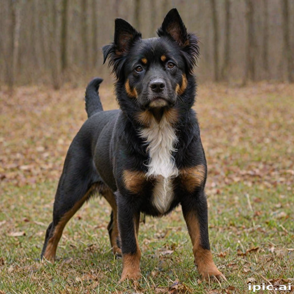 A Playful Dog Standing Proudly on a Leafy Green Field.