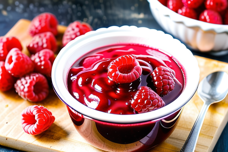 Delicious Bowl of Raspberry Jelly Topped with Fresh Raspberries and Spoon