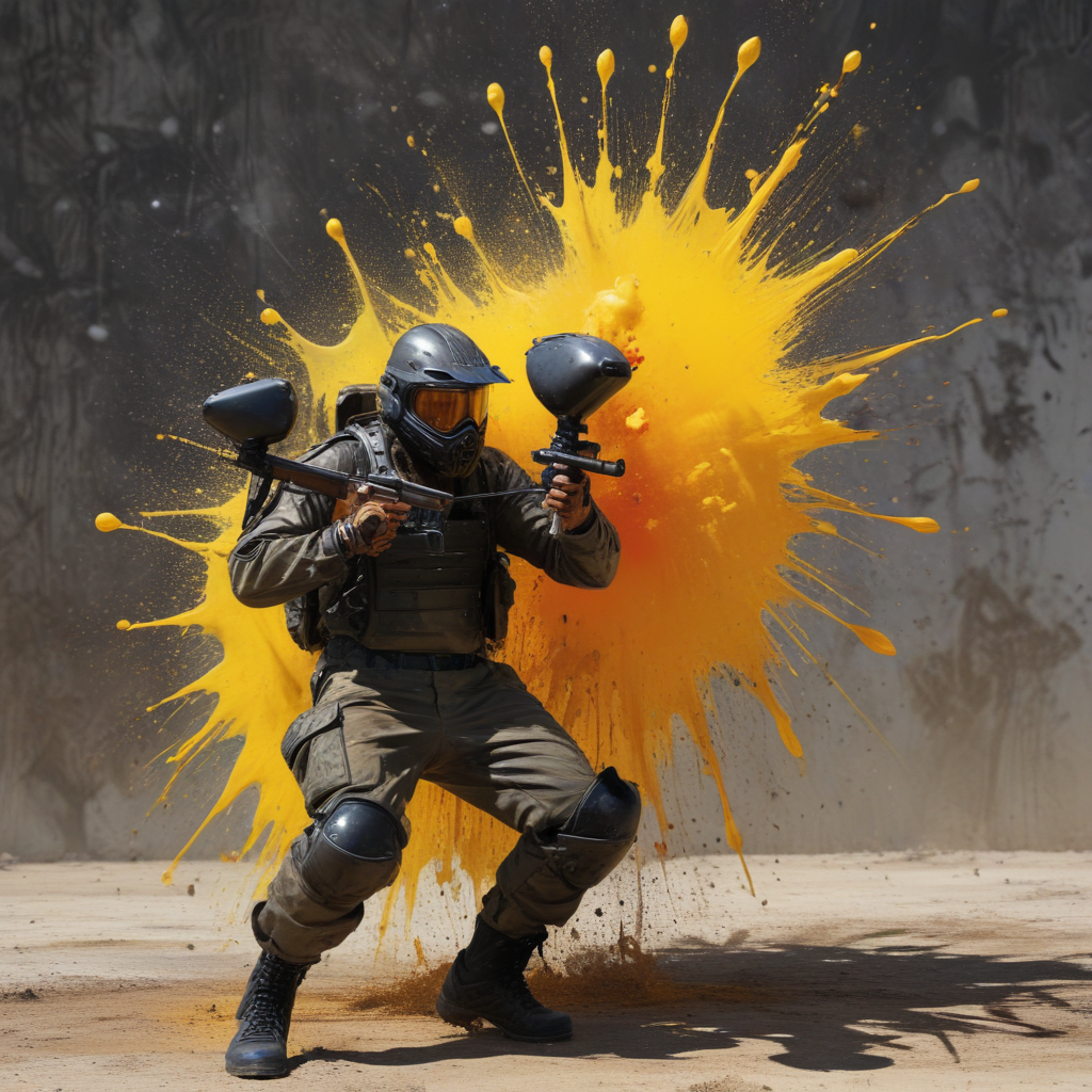 Warrior in Action: Paintball Combat with Vibrant Yellow Explosion ...