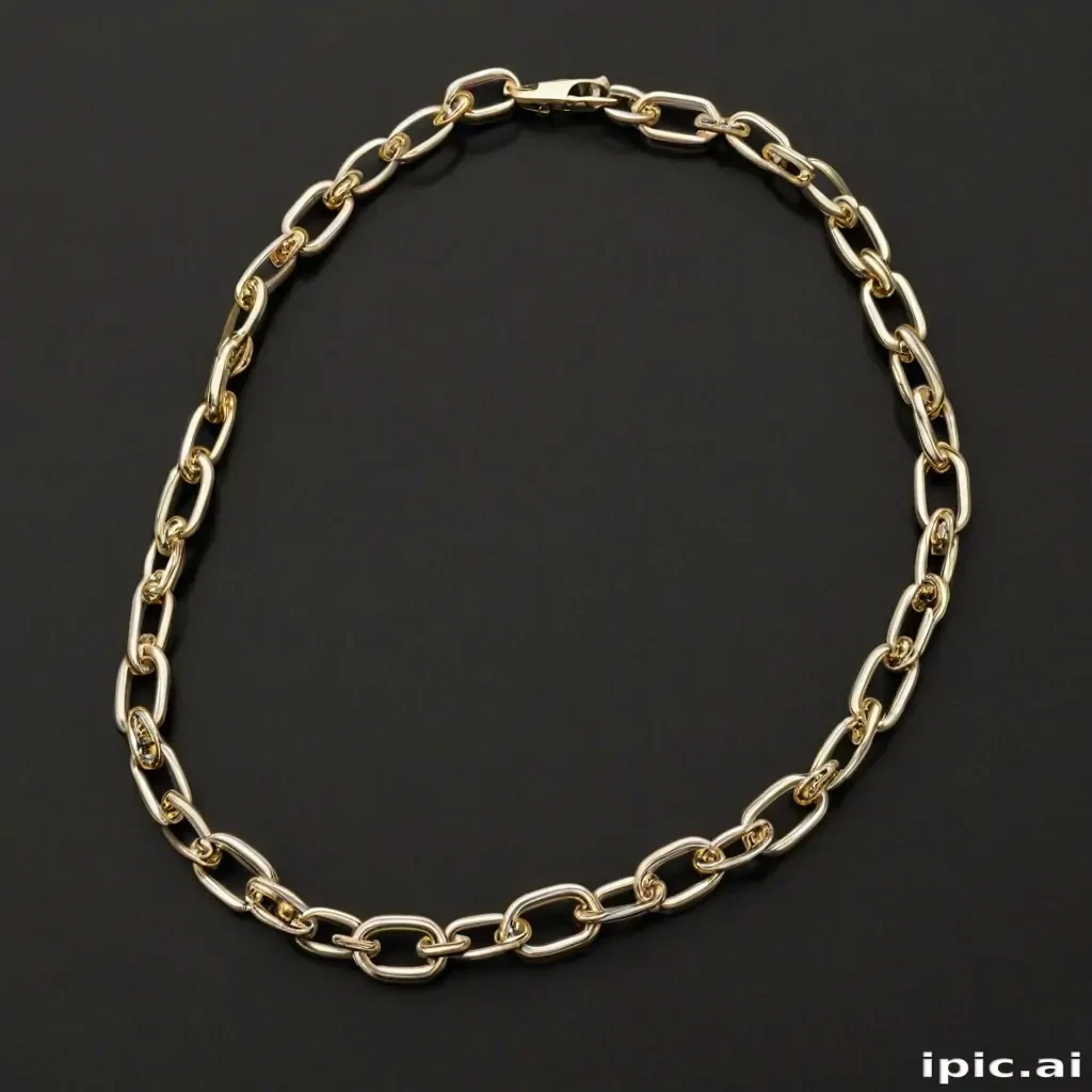 Elegant Gold Chain Necklace with Unique Link Design and Clasp Closure.