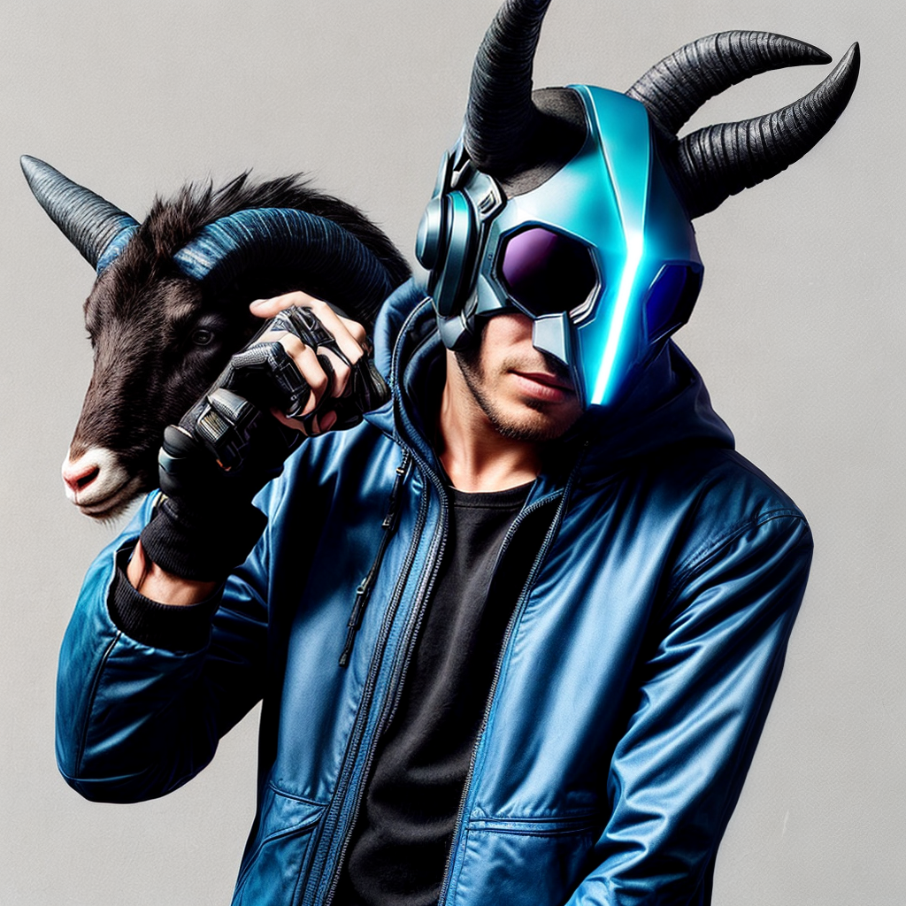 cyberpunk dj with goat mask/helmet, white cyan, profile pic