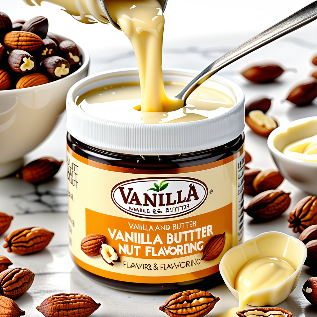 Delicious Vanilla Butter Flavoring Jar Surrounded by Tasty Nuts and Ingredients